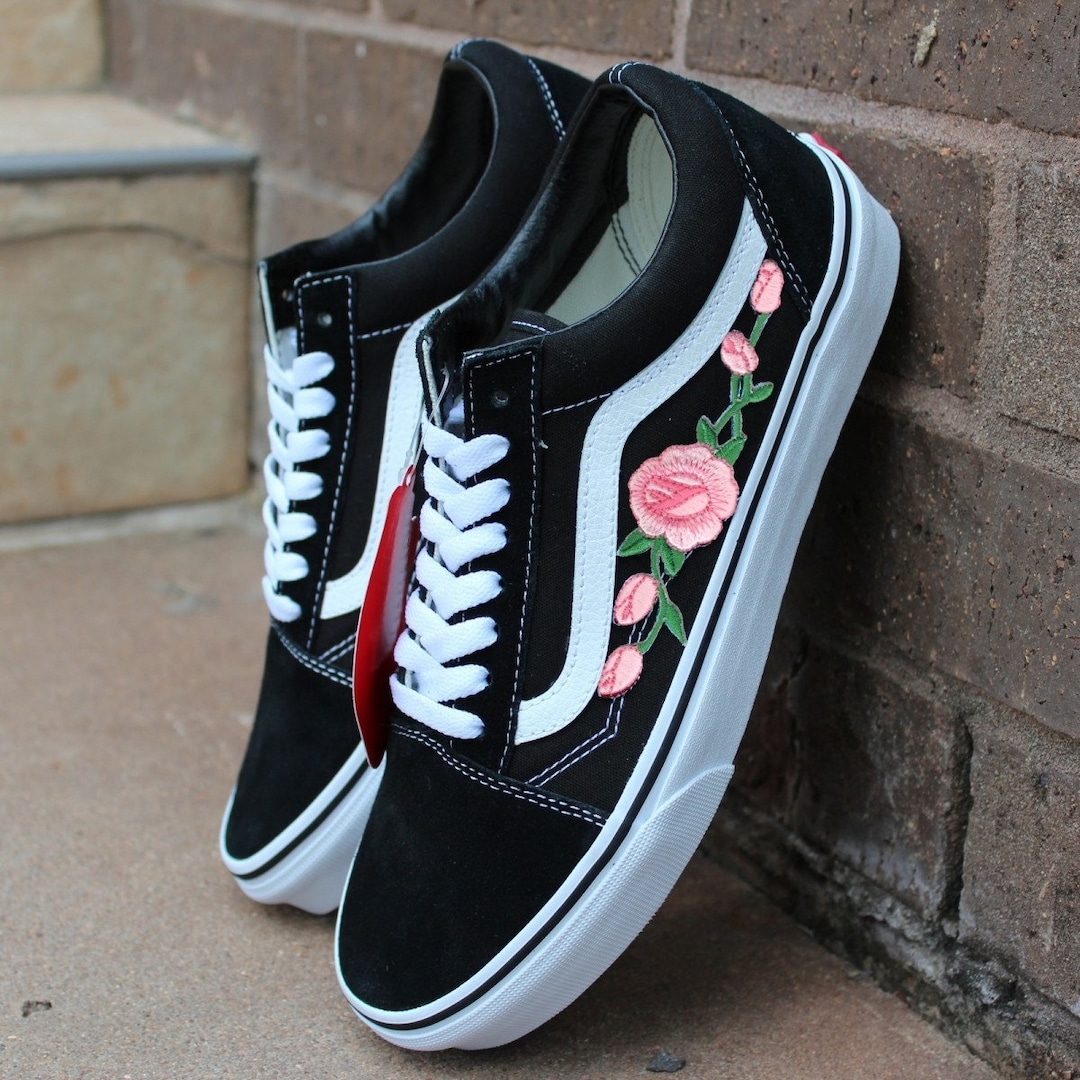 Black Old Skool Pink Rose Custom Handmade Shoes Cu - Etsy