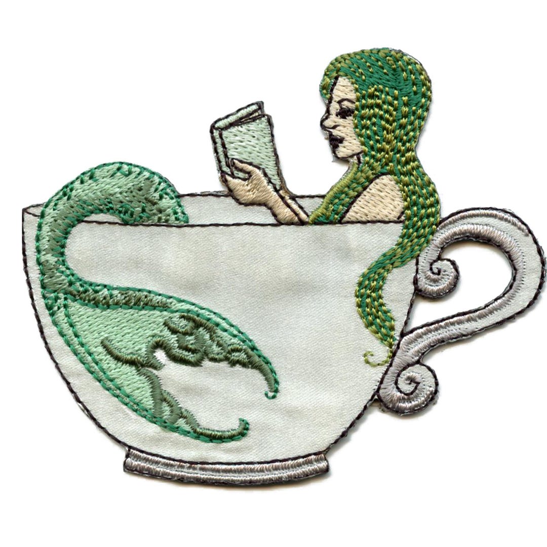 Teacup Mermaid Reading Patch Mythical Creature With Book Embroidered ...