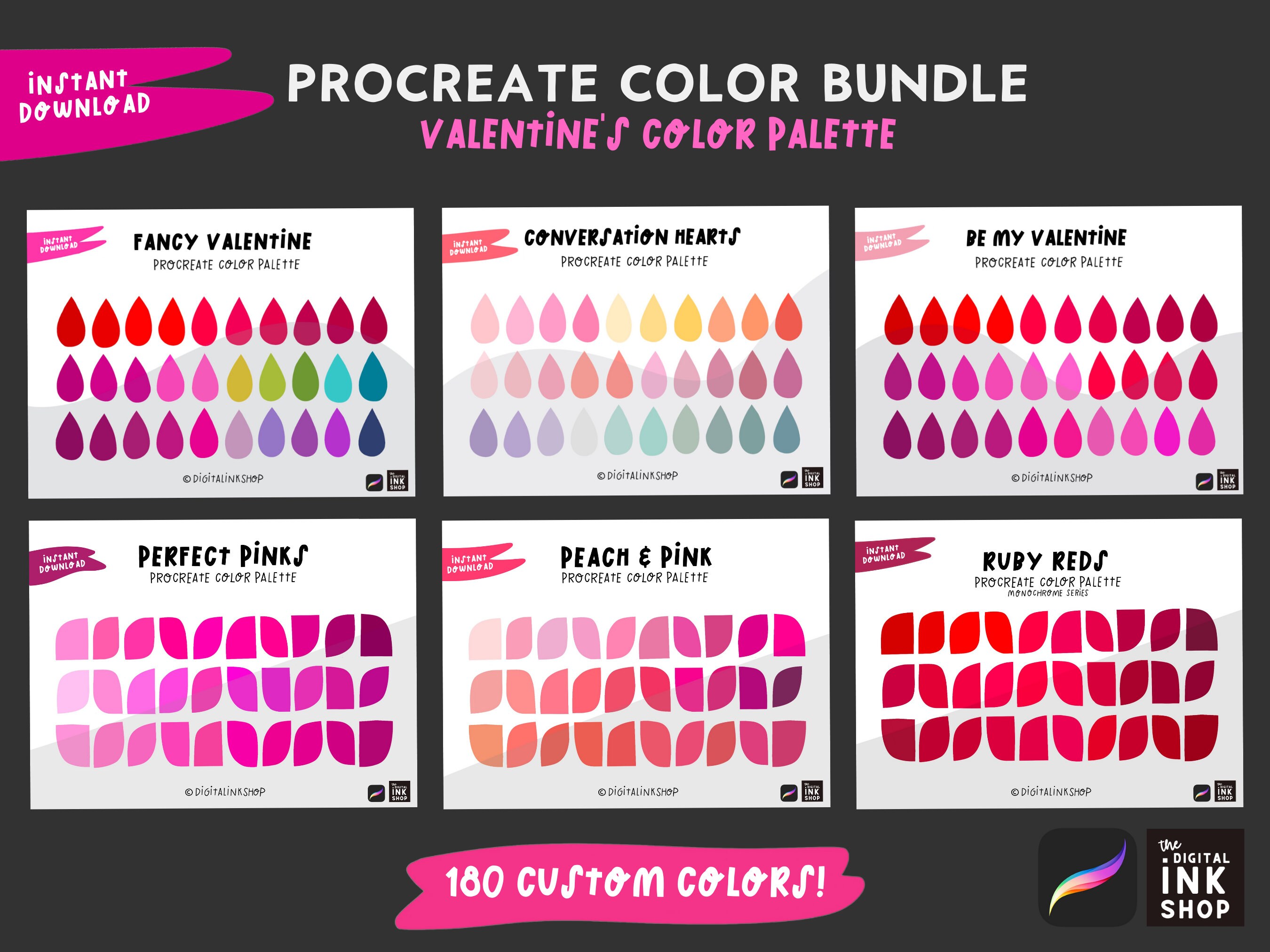 180 Procreate Colors Procreate Color BUNDLE 6 Valentine Palettes ...