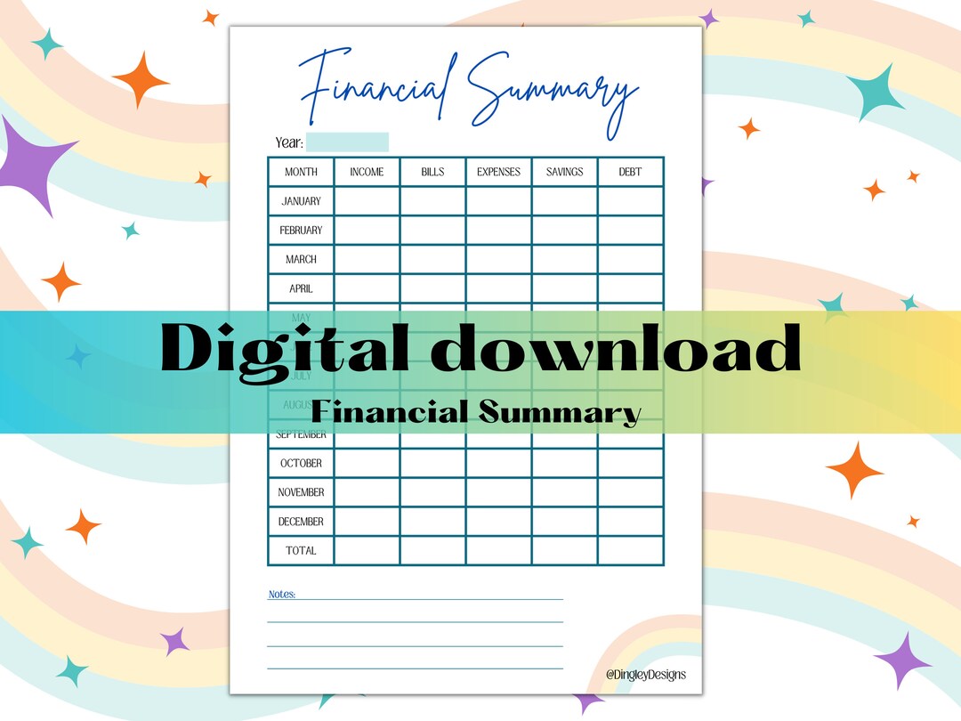 Financial Summary Tracker, Monthly, Bill Tracker, Instant Digital ...