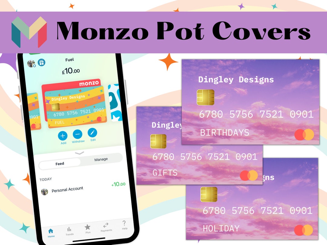 Pink and Purple Sky Monzo Pot Covers, Digital Cards for Cashless ...