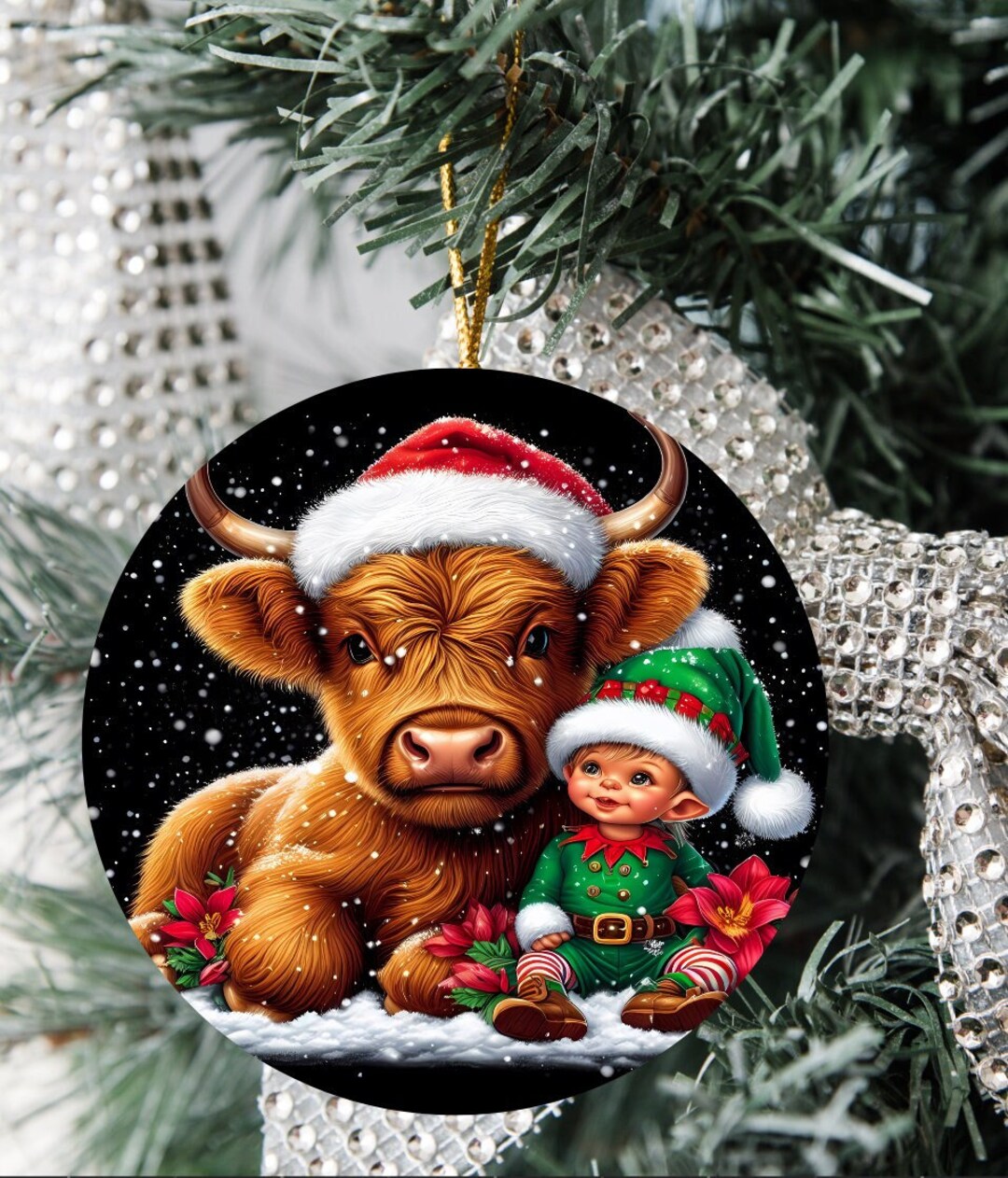 Highland Cow & Elf Ornament - Etsy