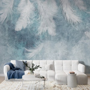 AQUA MARINE Feather Wallpaper Modern Venetian Feather Mural Abstract ...