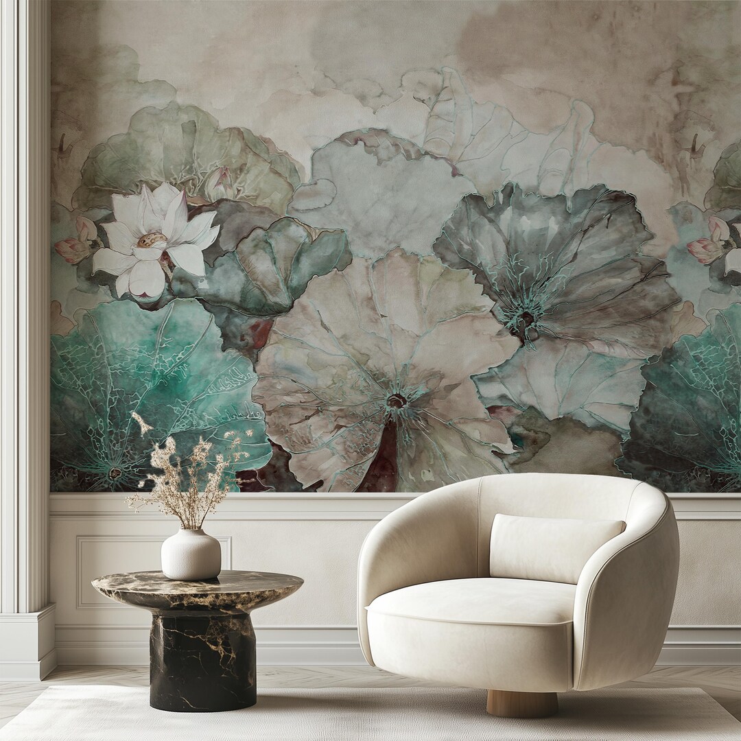 Abstract Flower Wallpaper, Nostalgic Lotus on Textured Wall, Gothic ...