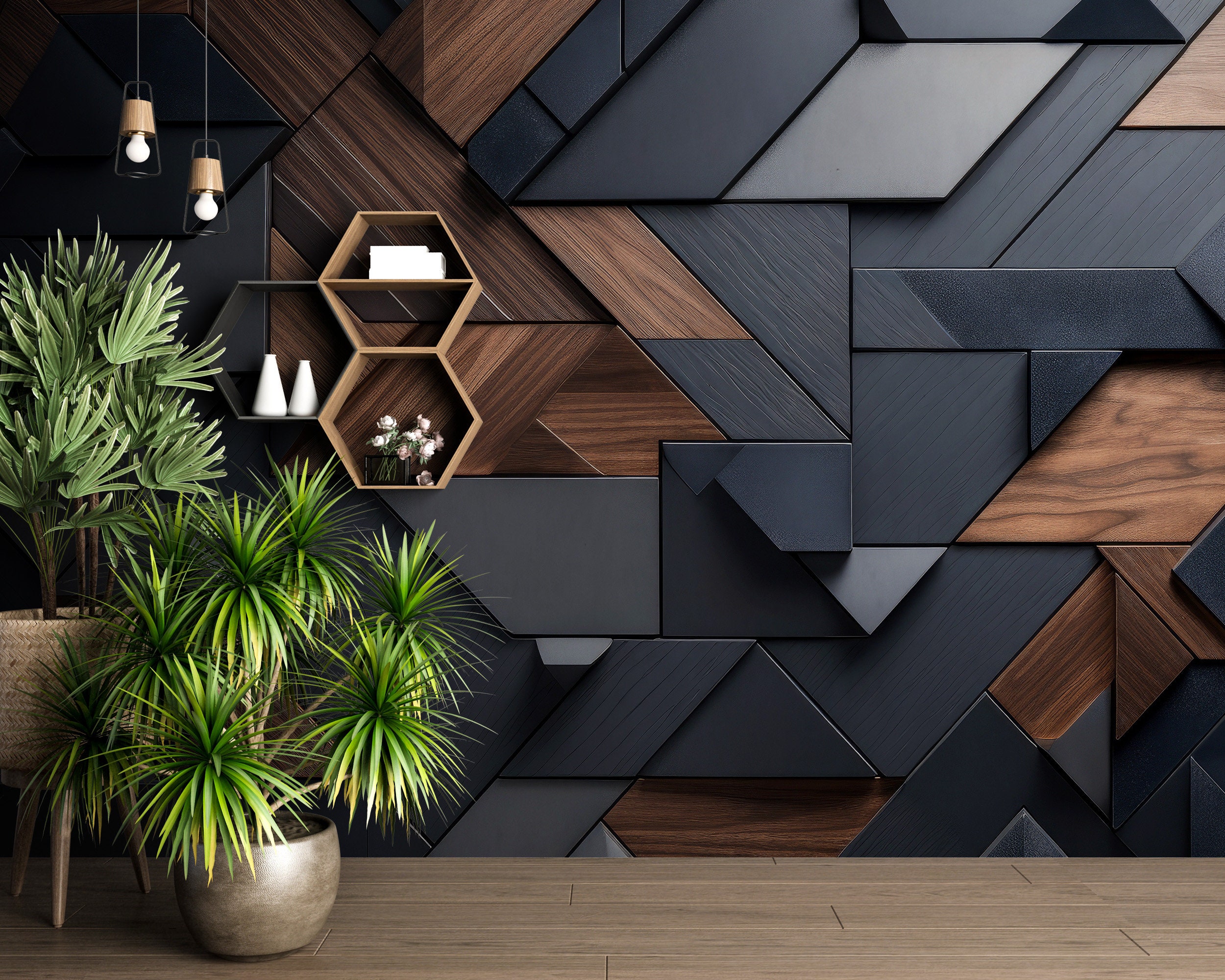 Modern Wood Marquetry Wall Parquet Wallpaper| Luxury Blue Wood Mural ...
