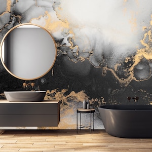 Modern Black Marble Wallpaper | Luxury Gold Lines Mural | Smoke Liquid ...
