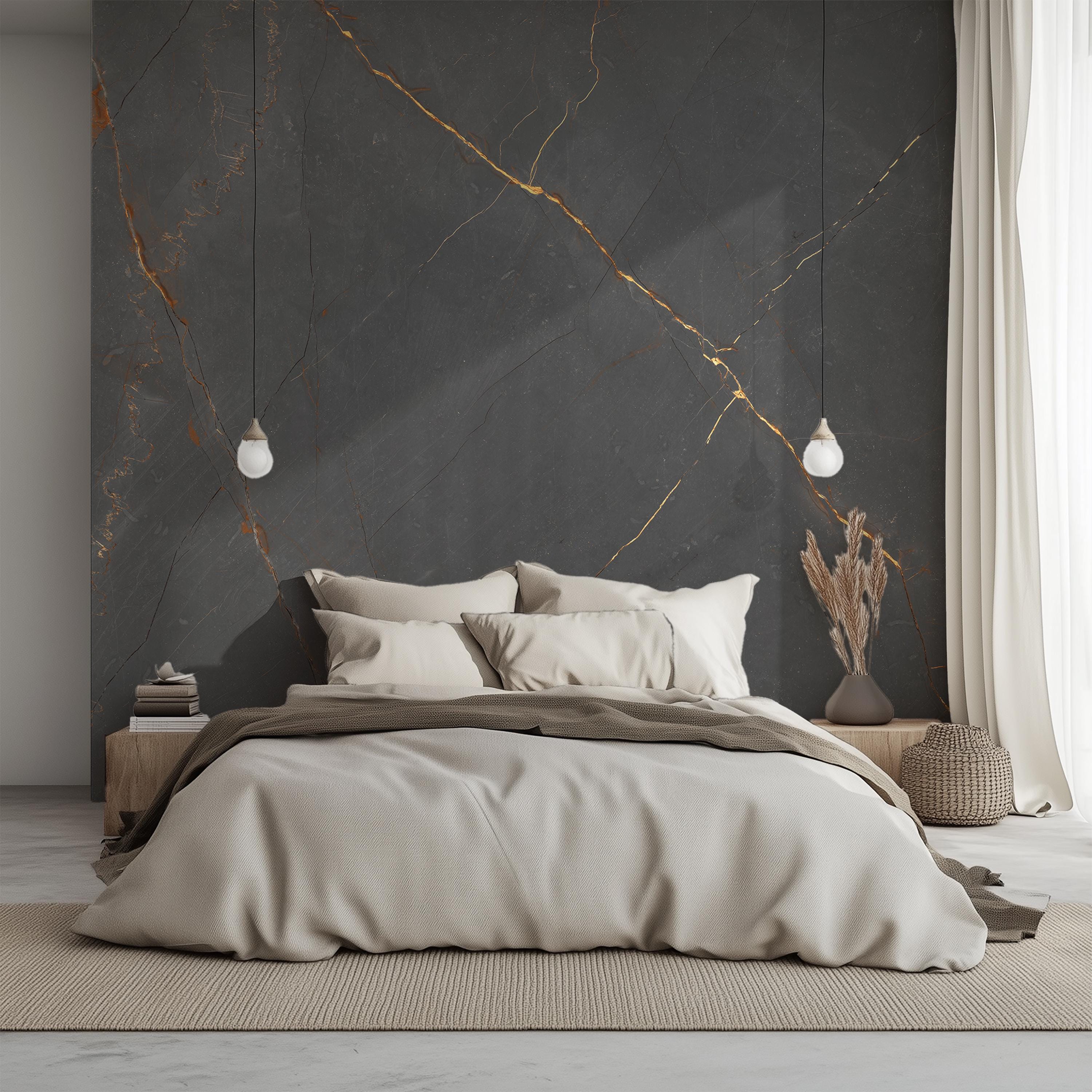 Dark Gray Marble Mural With Golden Veined Wallpaper, Modern Abstract ...
