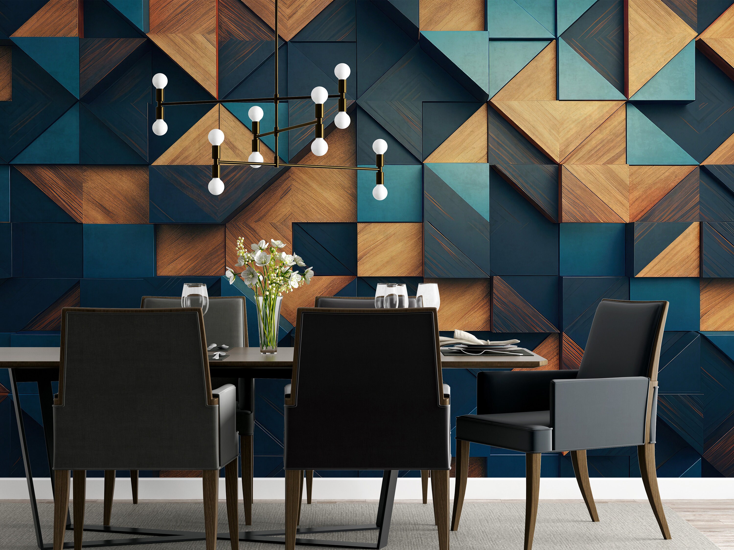 Modern Wood Marquetry Wall Parquet Wallpaper Dark Luxury Blue Wood ...