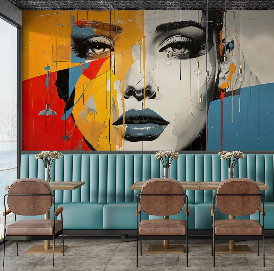 Abstract Woman Face Premium Coffee Shop Mural Visage Restaurant ...