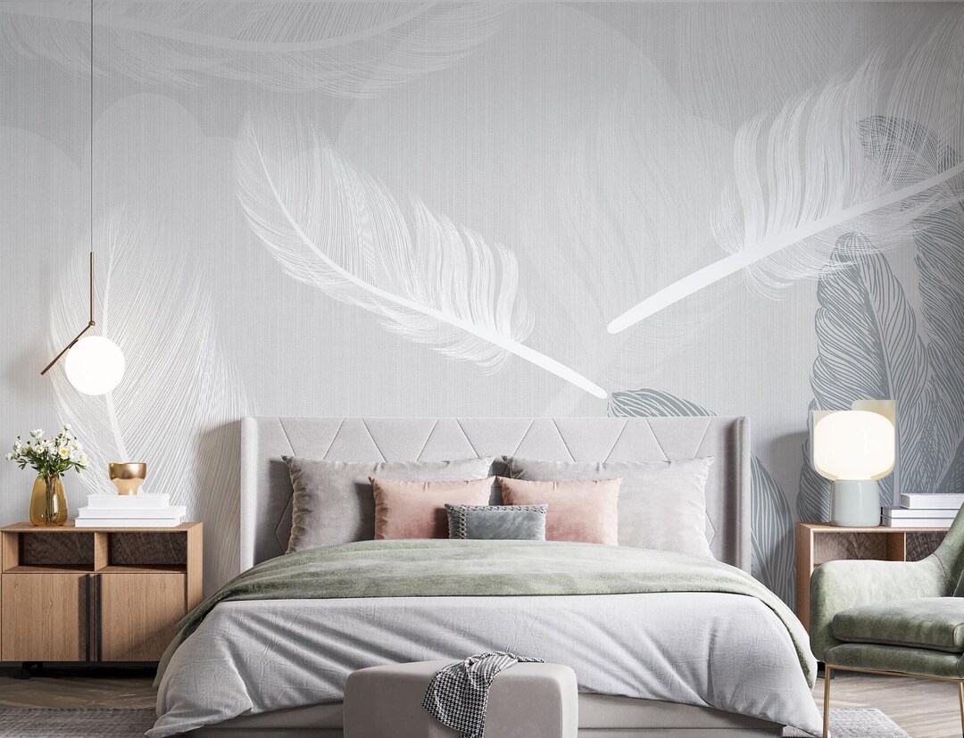 UNIQUE Feather Wallpaper | Modern Venetian Feather Mural | Light White ...