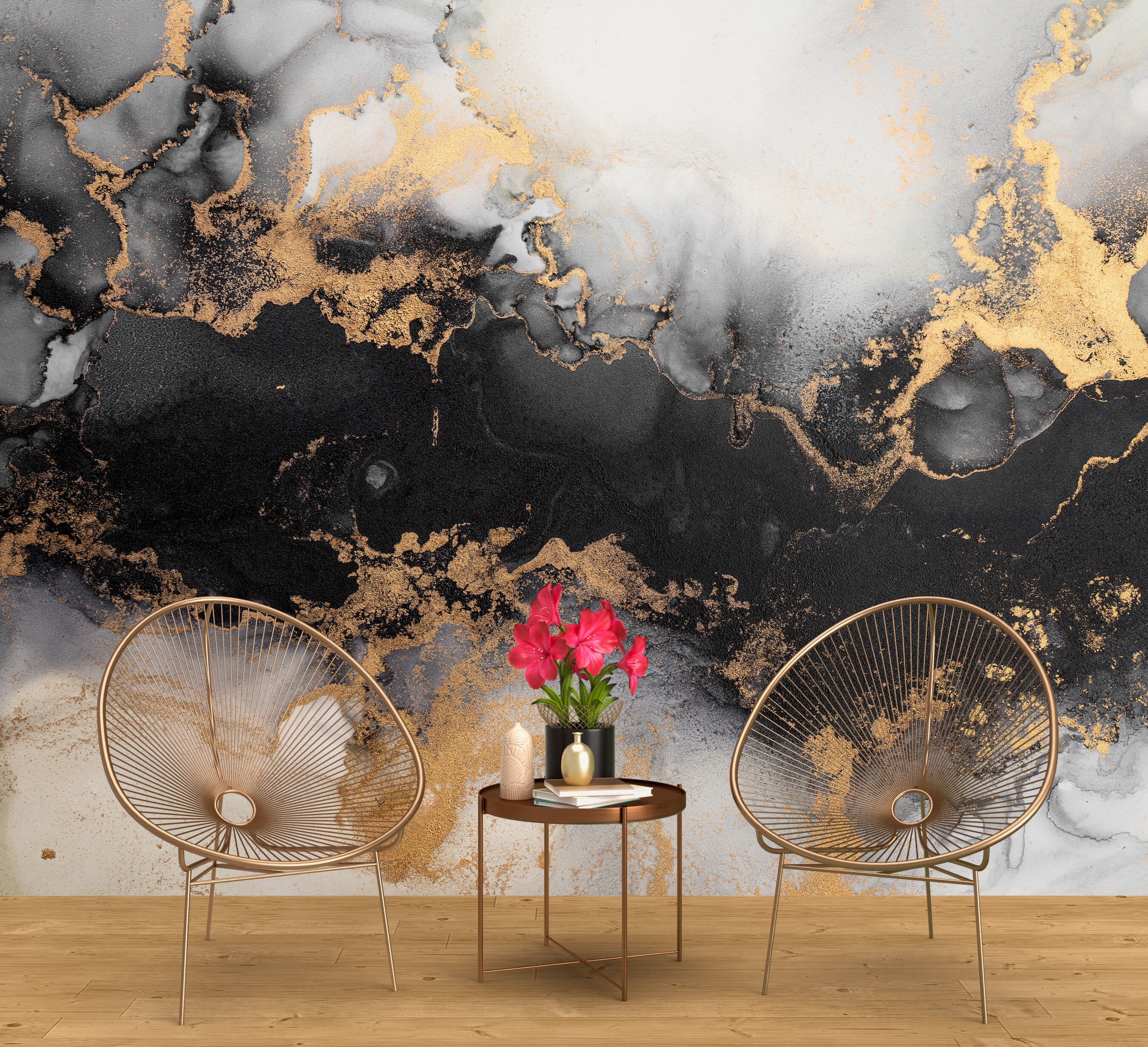 Modern Black Marble Wallpaper Luxury Gold Lines Mural Smoke Liquid ...