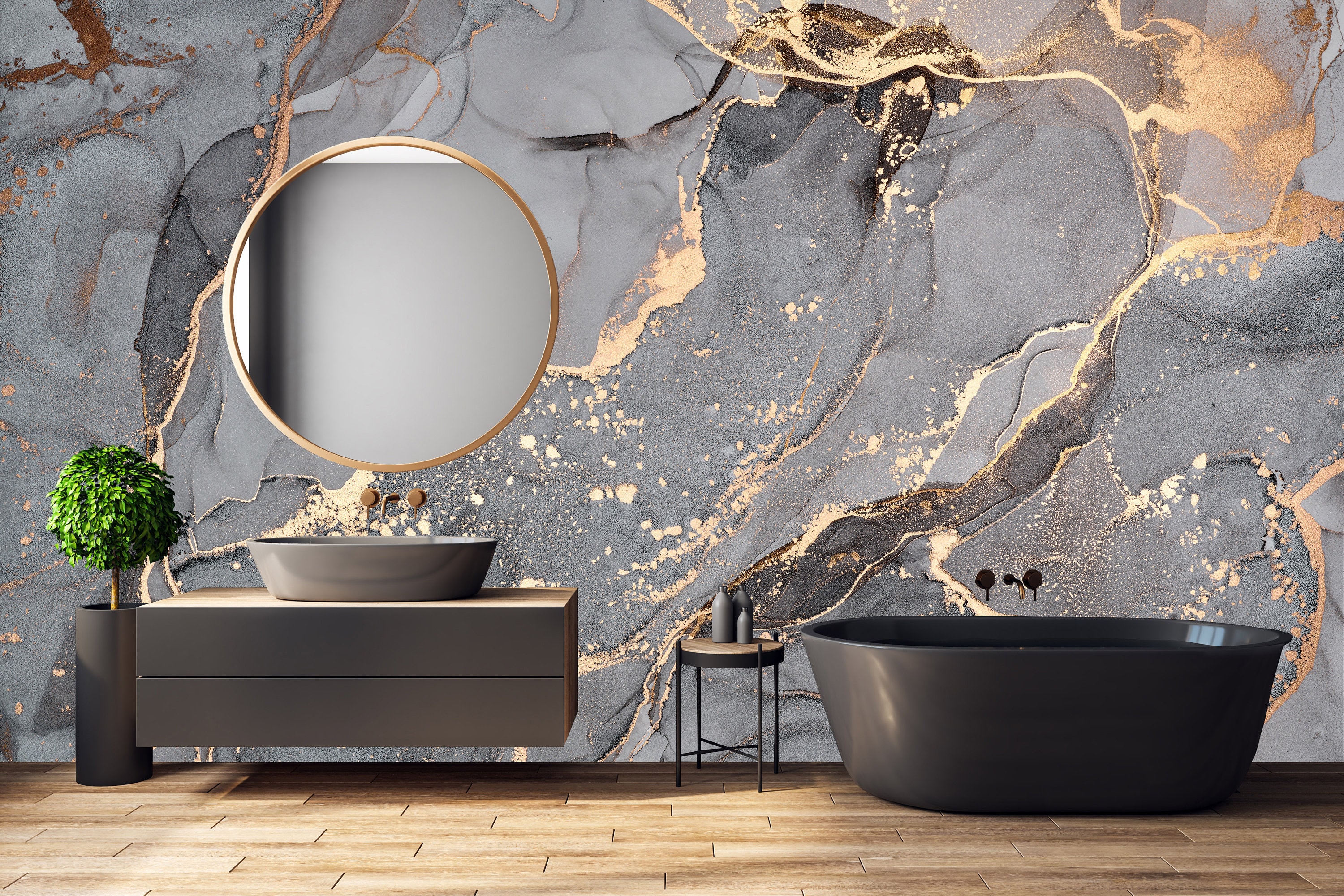 Modern Gray Marble Wallpaper Aesthetic Dark and Gold Mural Liquid ...