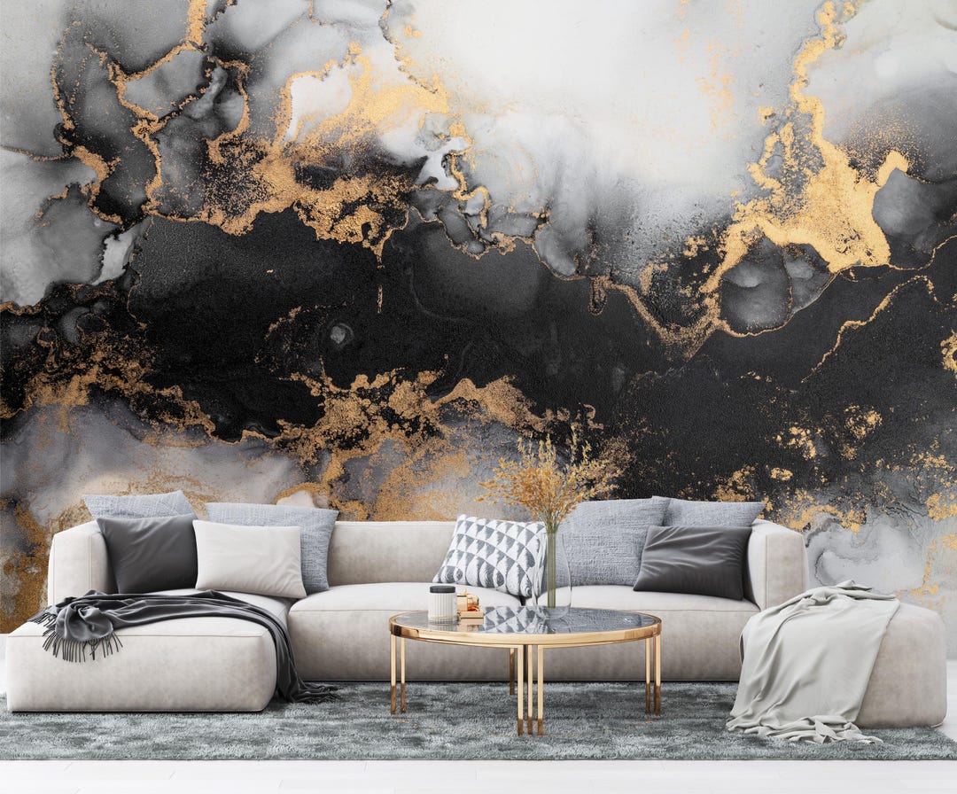 Modern Black Marble Wallpaper | Luxury Gold Lines Mural | Smoke Liquid ...