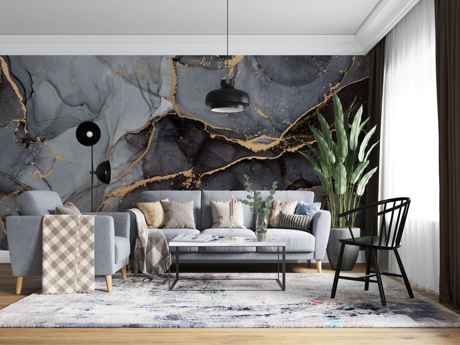 Modern Black Marble Wallpaper Luxury Gold Lines Mural Smoke Liquid ...