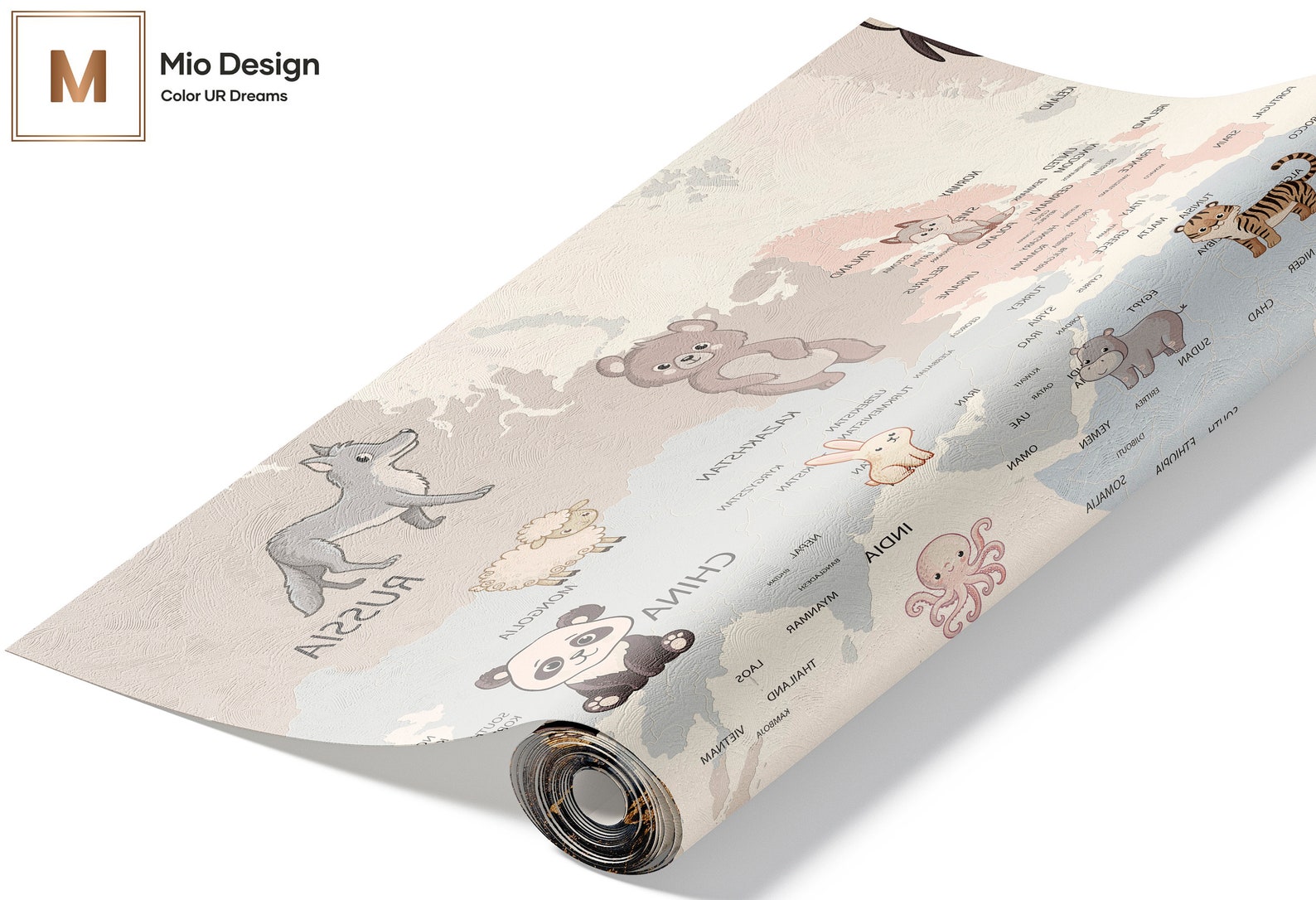 Kids World Map Wallpaper With Animals Beige Background Kids Learning ...