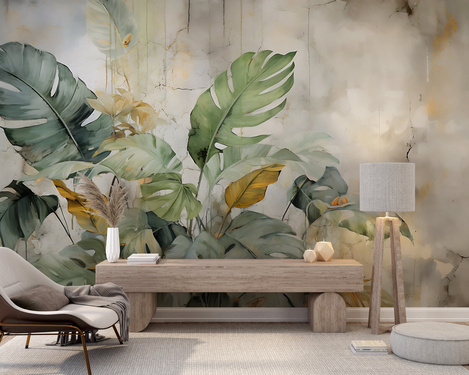 ABSTRACT Concrete Wall With Tropical Leaves Palm Tropical Wallpaper ...