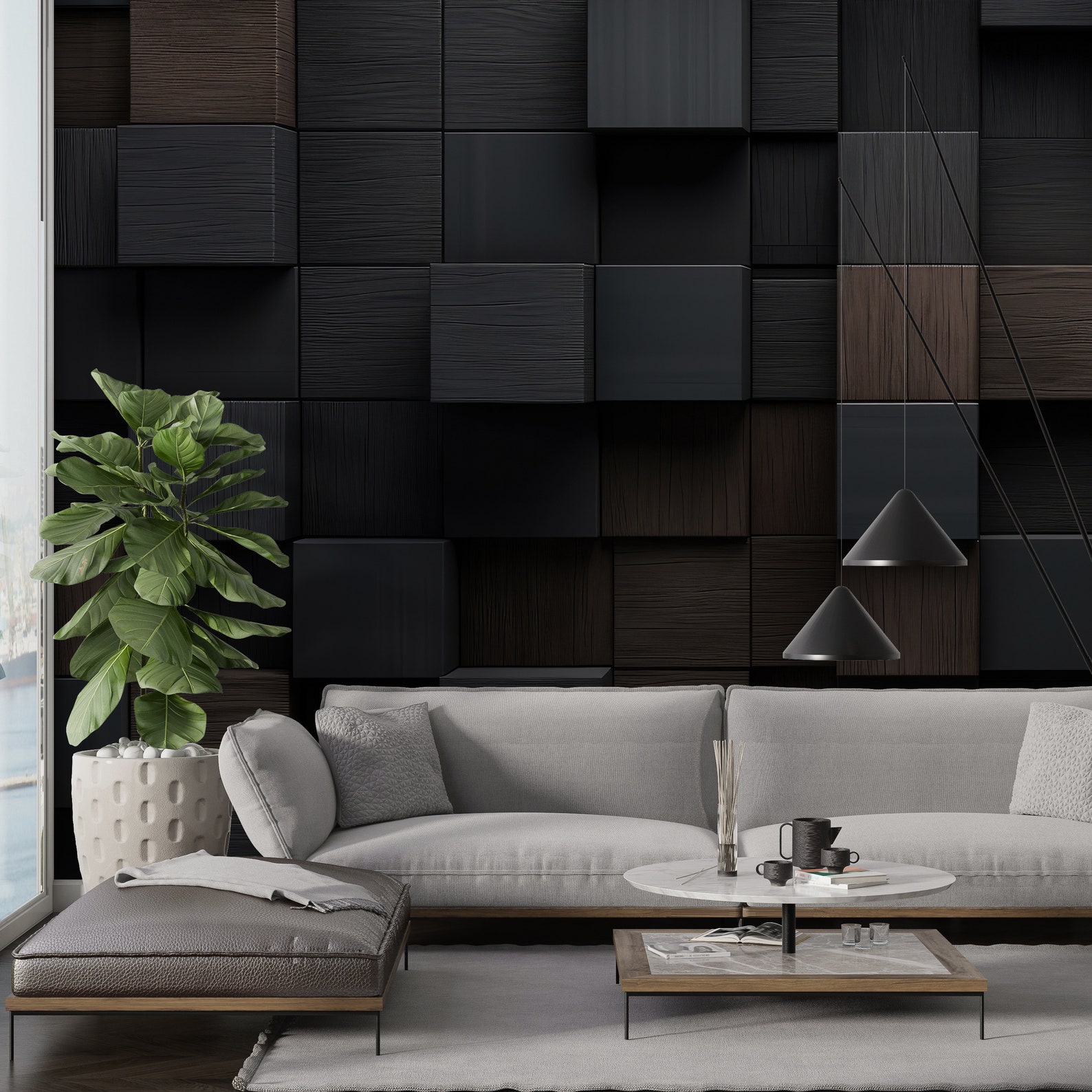 Large Wood Marquetry Wall Parquet Wallpaper Dark Luxury Black Wood ...