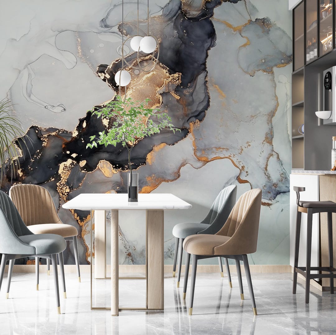 Modern Black Gray Marble Wallpaper | Aesthetic Dark and Gold Mural ...