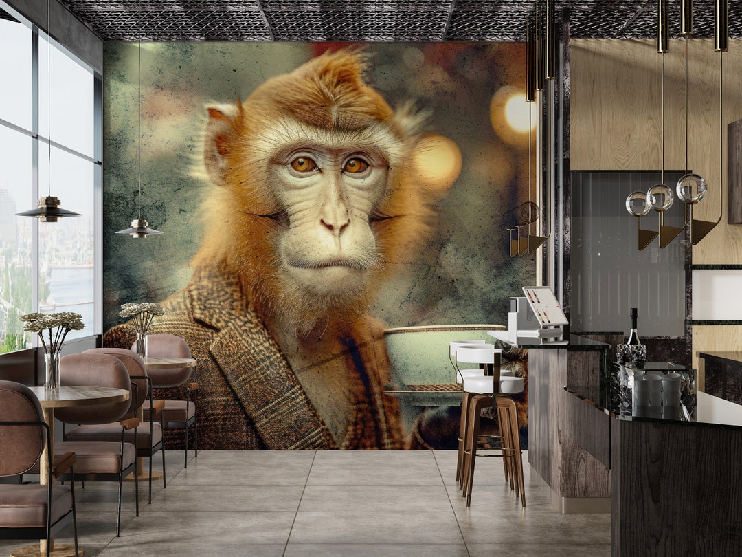 Monkey Drinking Coffee Mural Vintage Restaurant Wallpaper Cafe Shop ...