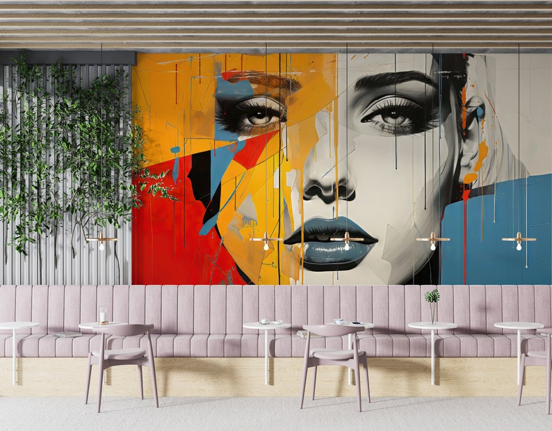 Abstract Woman Face Premium Coffee Shop Mural Visage Restaurant ...