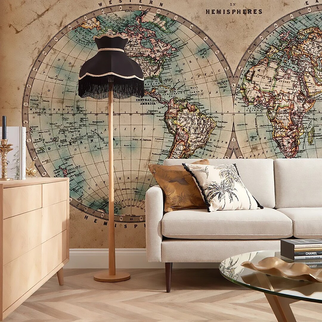 Hemisphere Map Mural in Earthy Tones - Vintage Executive World Map ...