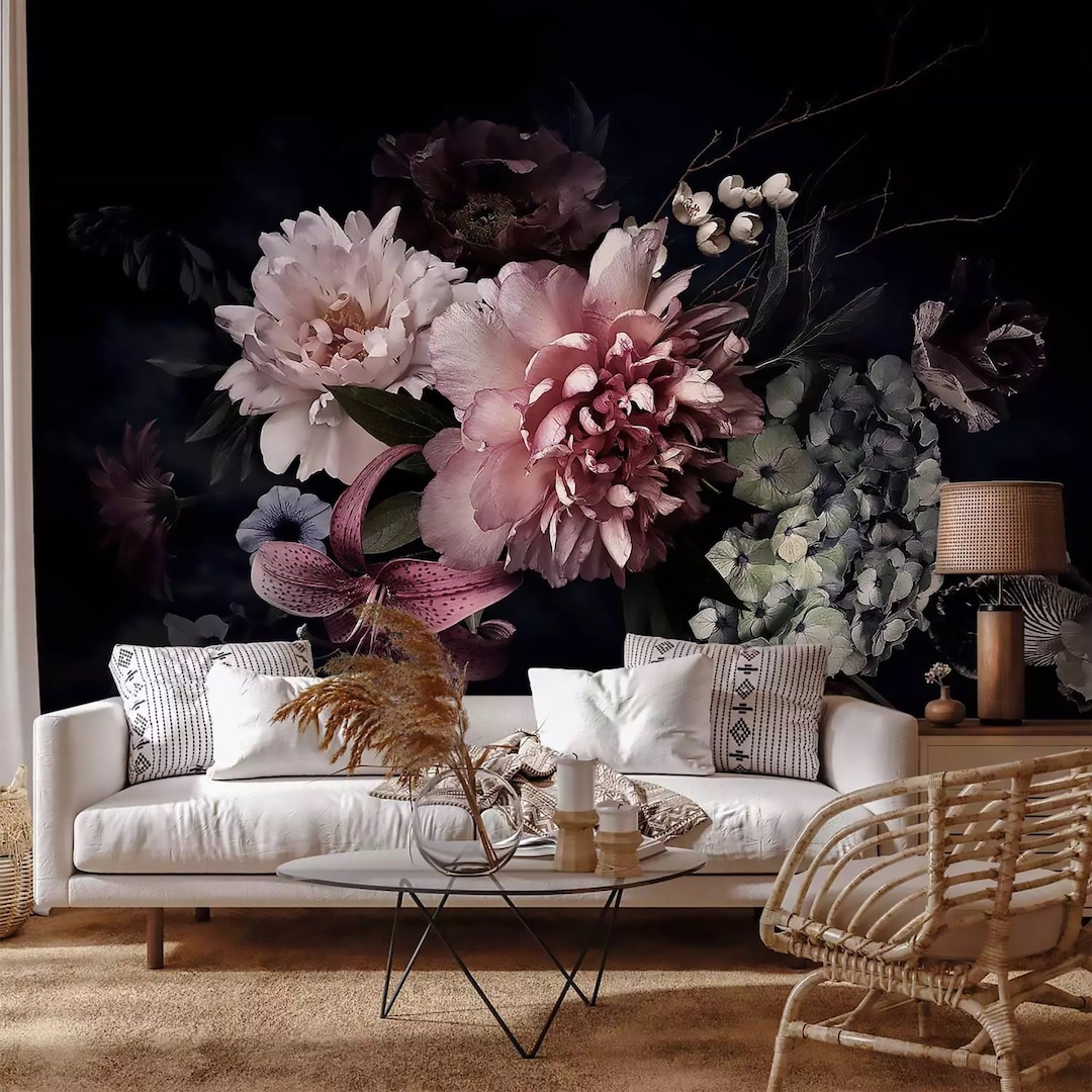 DUTCH BOUQUET of Flowers Wallpaper, Dark Botanical Wallpaper, Peel and ...