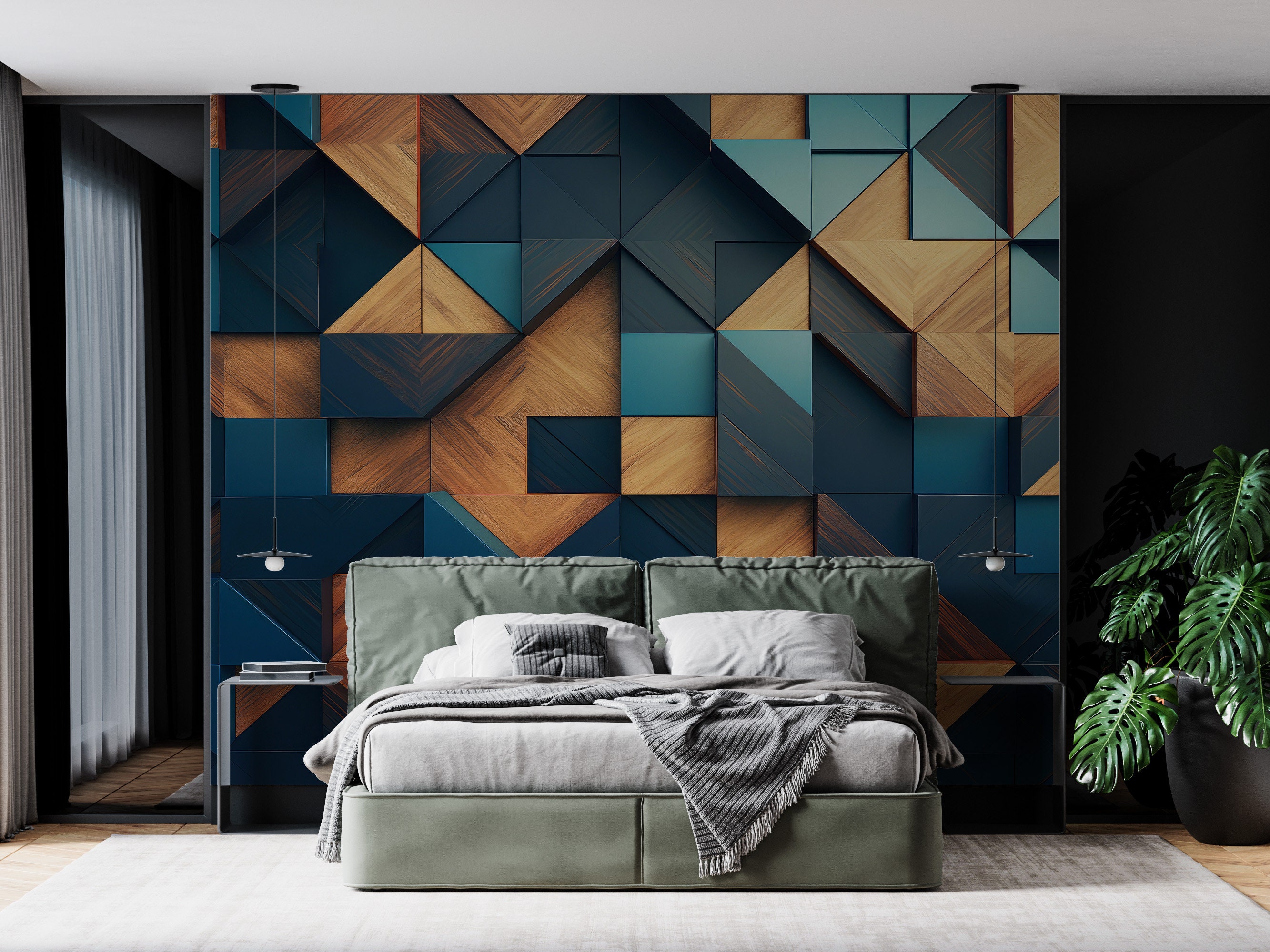 Modern Wood Marquetry Wall Parquet Wallpaper Dark Luxury Blue Wood ...