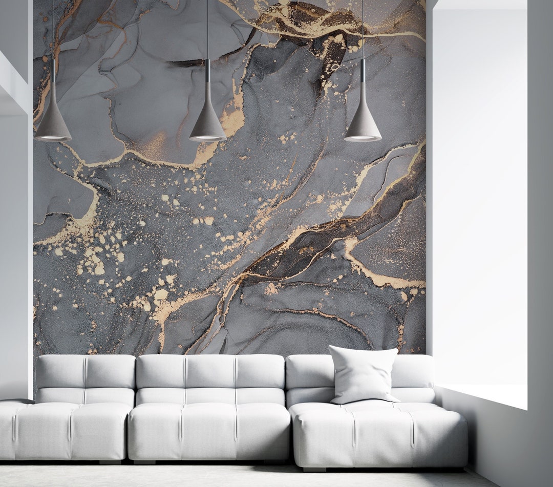 Modern Gray Marble Wallpaper | Aesthetic Dark and Gold Mural | Liquid ...
