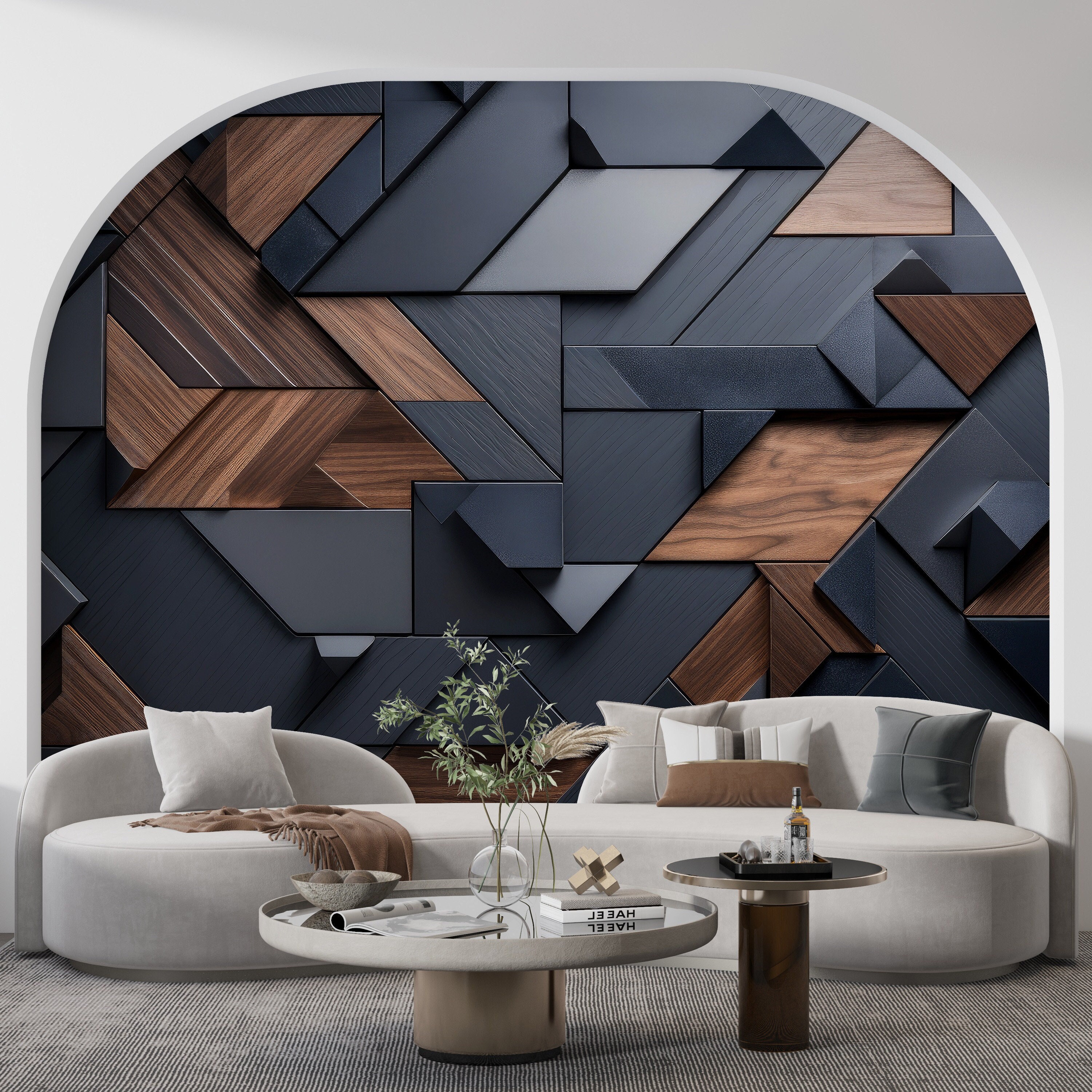 Modern Wood Marquetry Wall Parquet Wallpaper| Luxury Blue Wood Mural ...