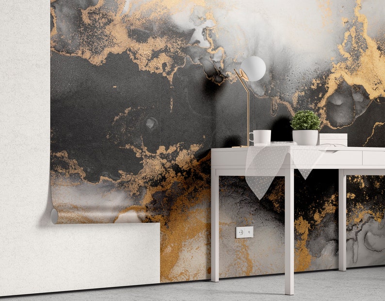 Modern Black Marble Wallpaper Luxury Gold Lines Mural Smoke Liquid ...
