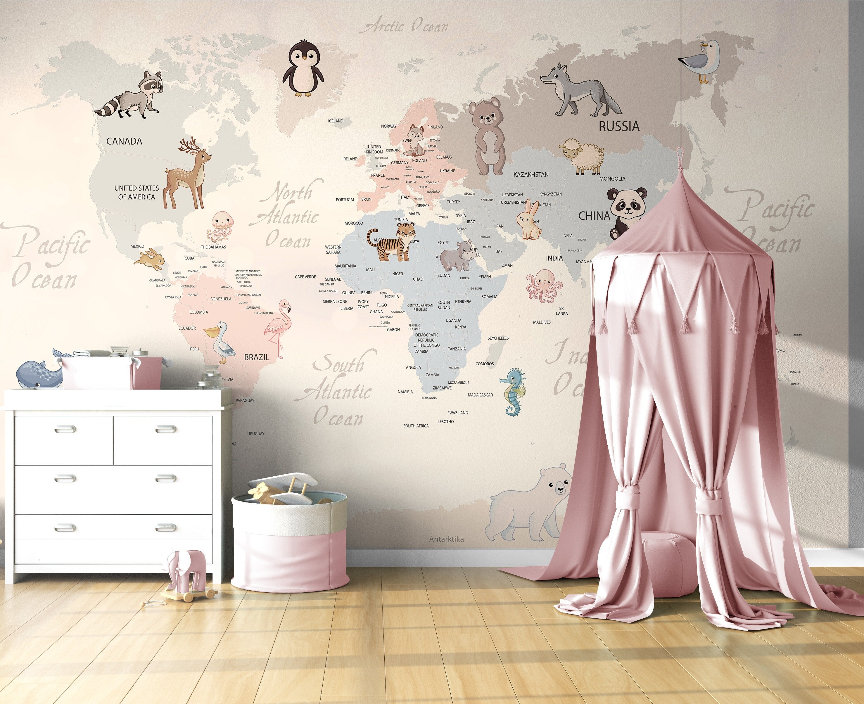 Kids World Map Wallpaper With Animals Beige Background Kids Learning ...
