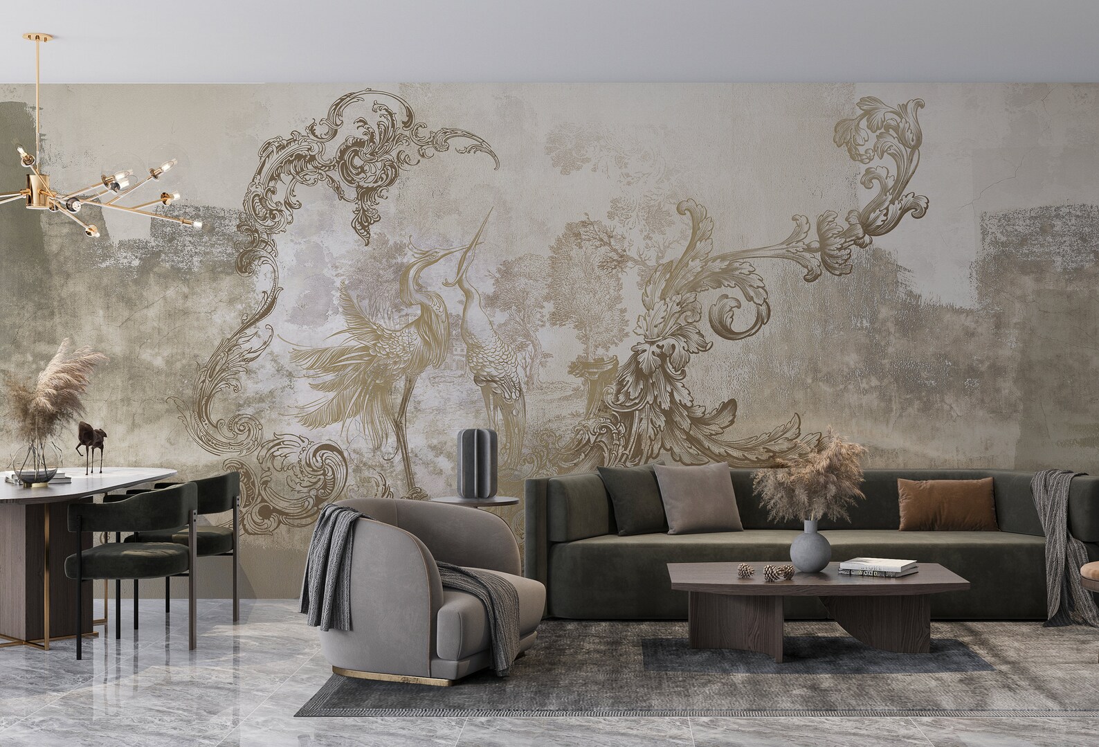 BAROQUE Design With Birds on Concrete Grunge | Vintage Wall Mural ...