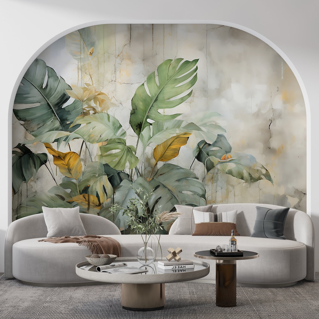 ABSTRACT Concrete Wall With Tropical Leaves Palm Tropical Wallpaper ...