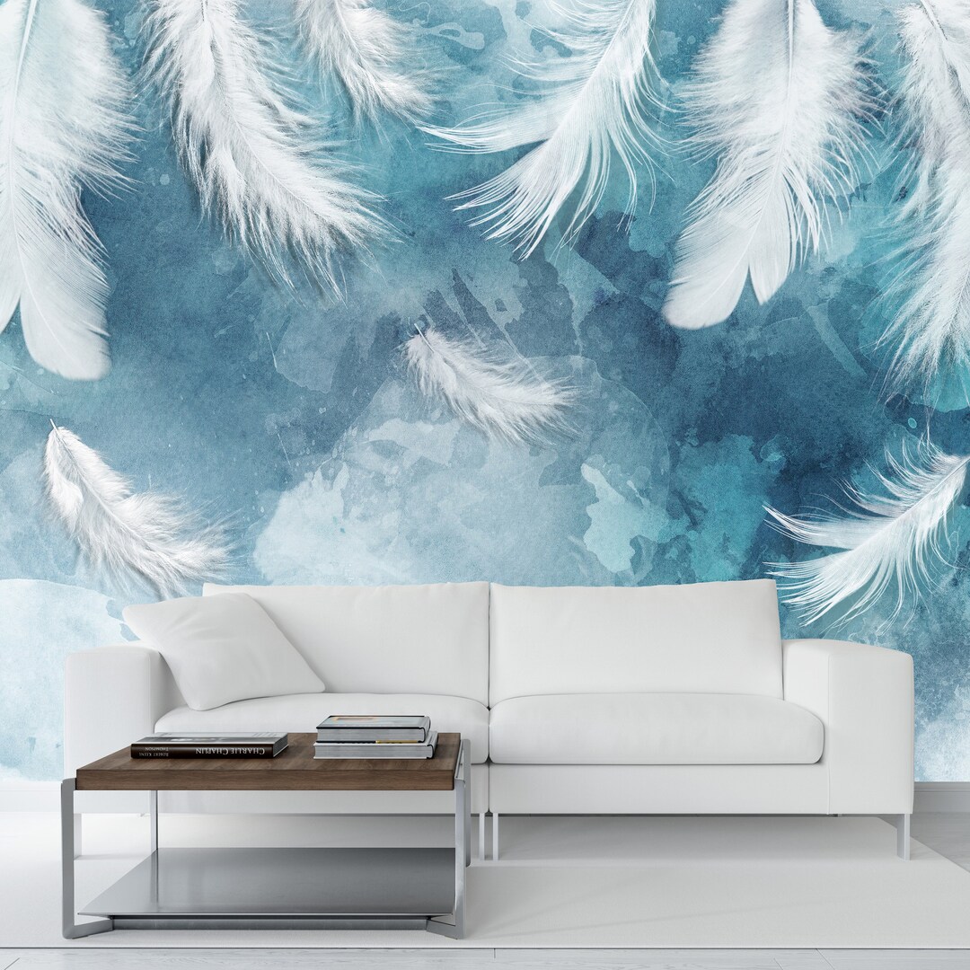AZURE Blue Feather Wallpaper Modern Venetian Feather Mural - Etsy