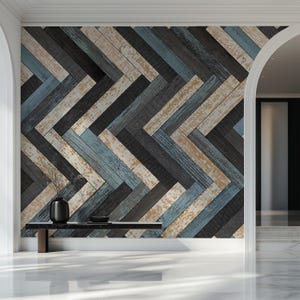 Shabby Wooden Plank Wallpaper | Marquetry Parquet | Herringbone Pattern ...