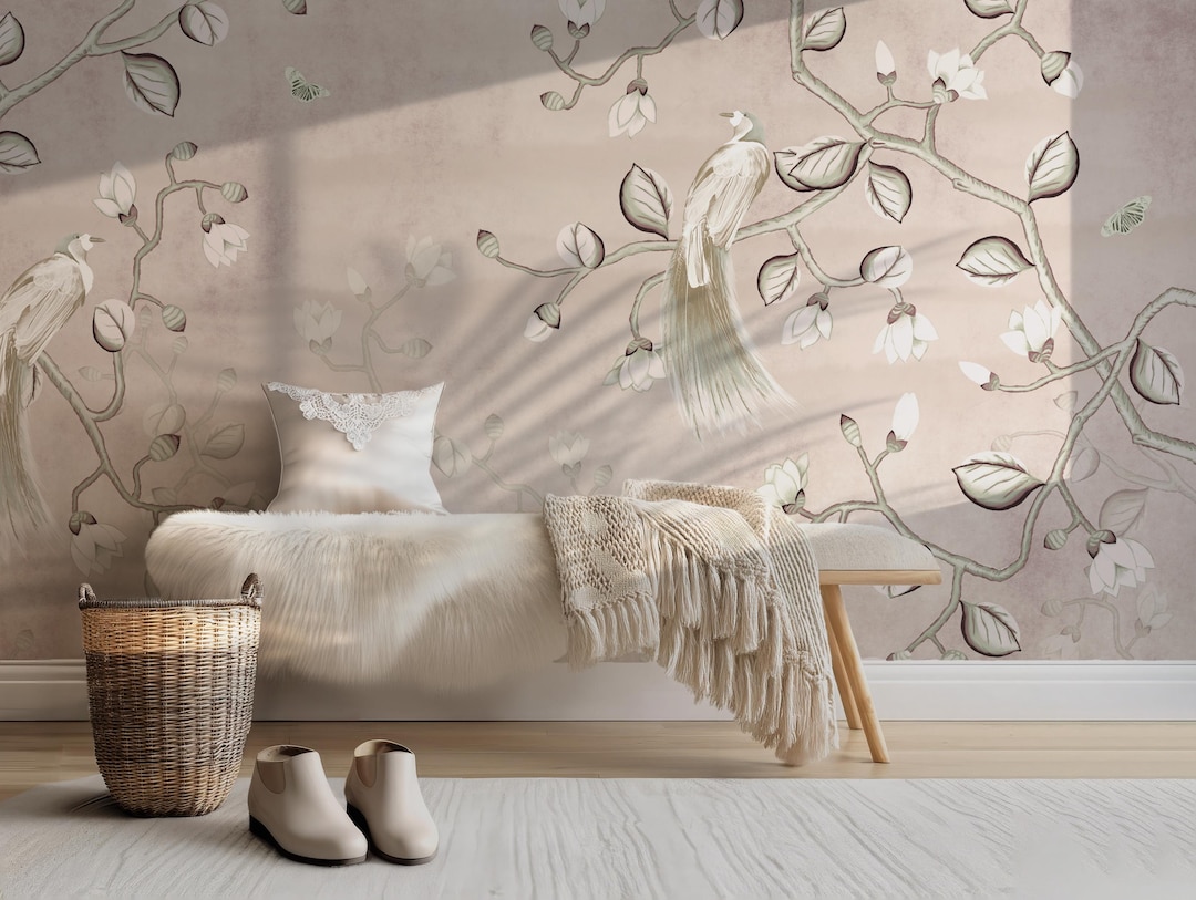 Cherry Blossom Wallpaper Chinoiserie Birds and Flowers, Soft Pastel ...