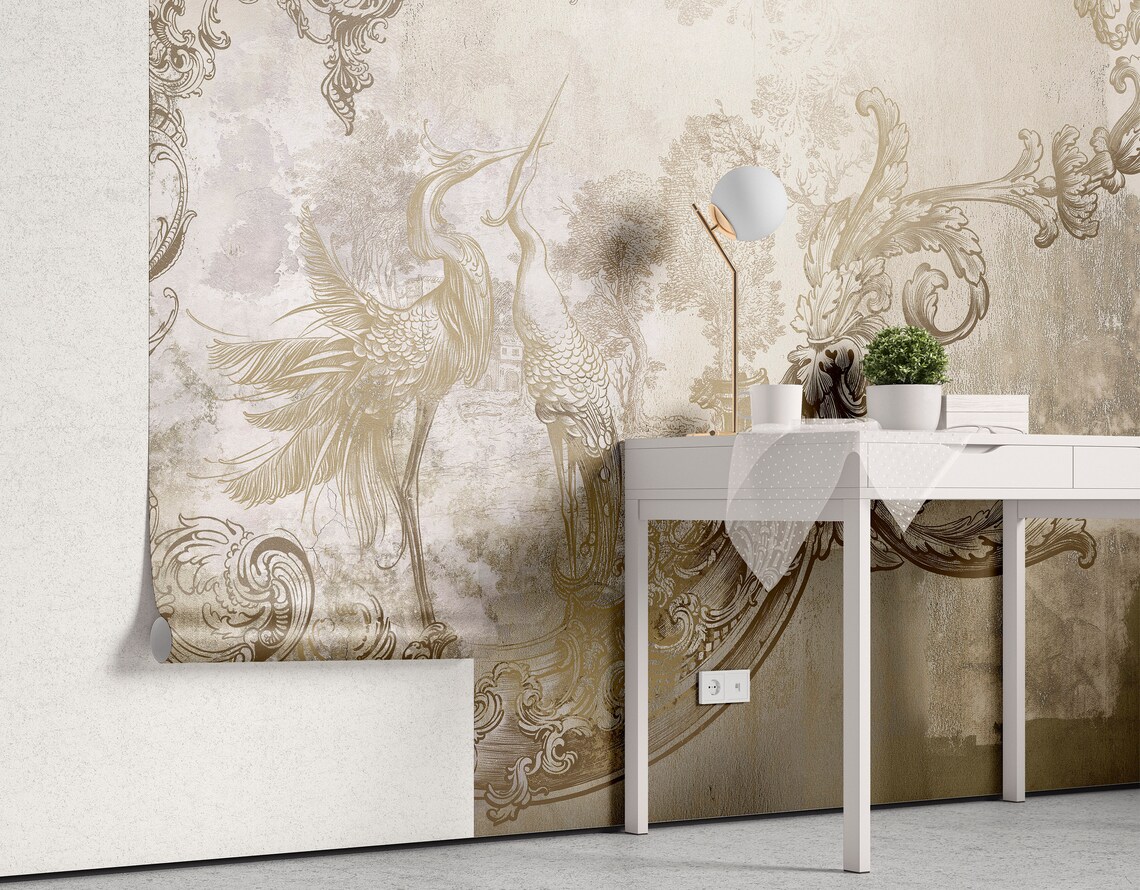 BAROQUE Design With Birds on Concrete Grunge | Vintage Wall Mural ...