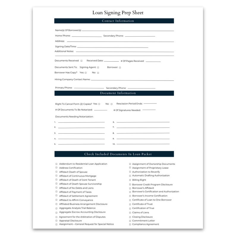 Notary Loan Signing Agent Prep Sheet: Checklist and Intake Form (canva ...