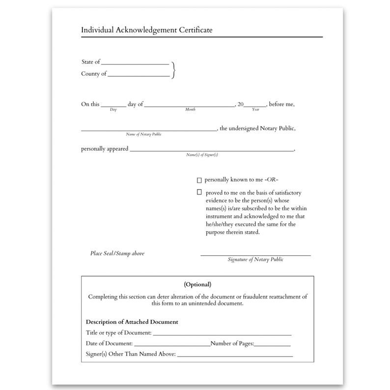 Printable Notary Acknowledgment Certificate: State Compliant Legal Form ...