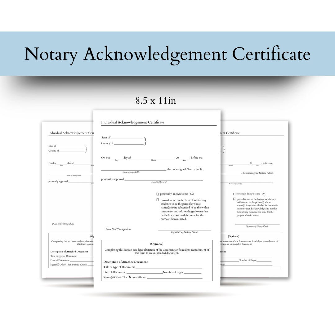 Printable Notary Acknowledgment Certificate: State Compliant Legal Form ...