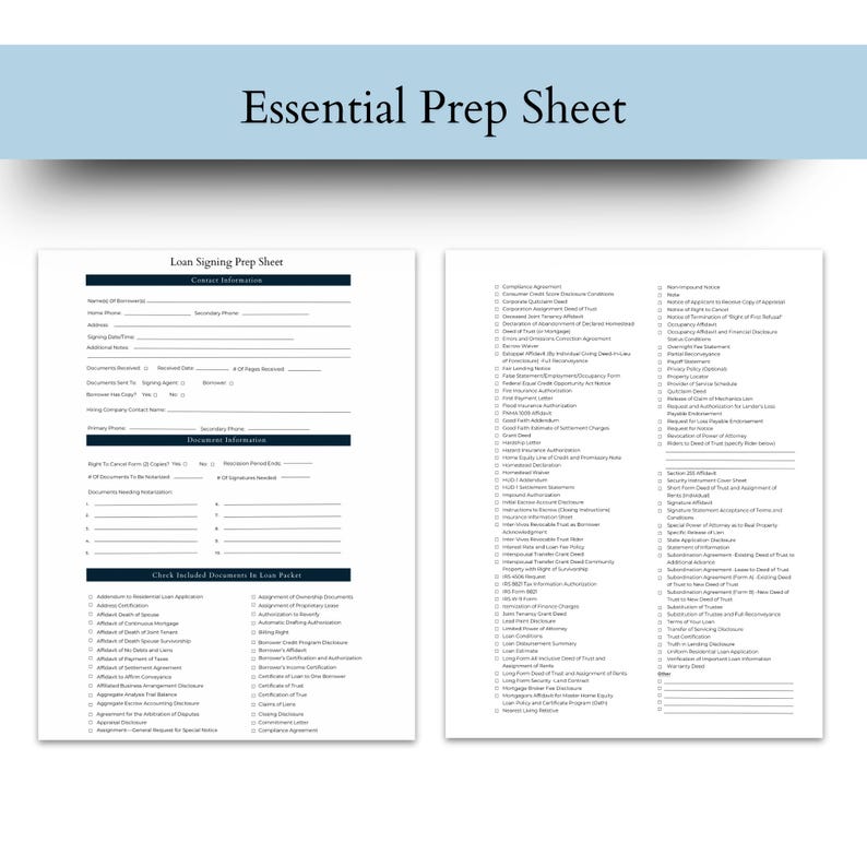 Notary Loan Signing Agent Prep Sheet: Checklist and Intake Form (canva ...