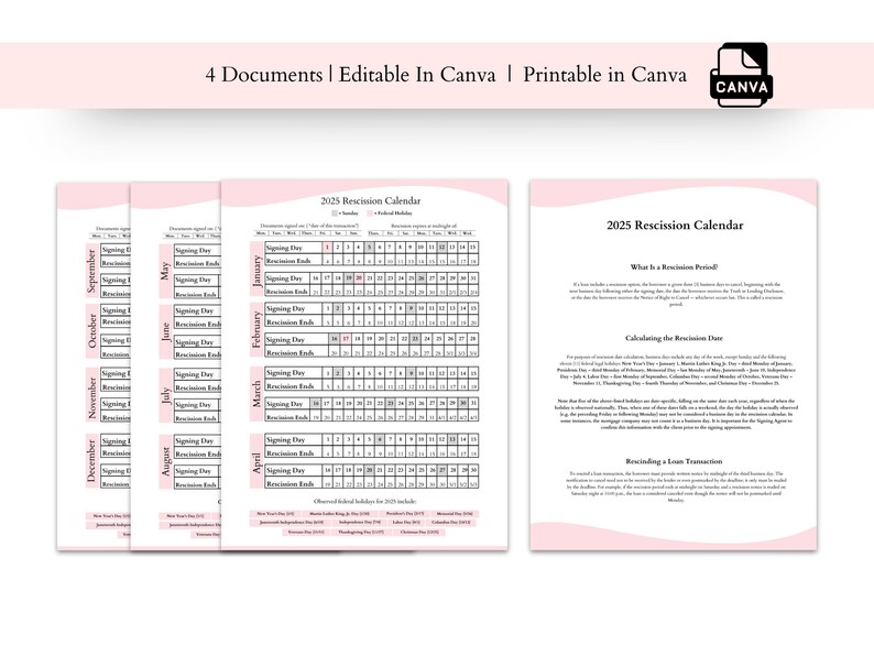 2025 Rescission Calendar: Notary Loan Signing Agent Tool (digital ...