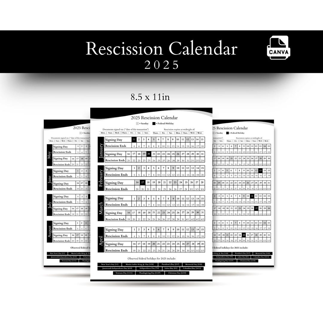 2025 Rescission Calendar: Notary Loan Signing Agent Tool (digital ...