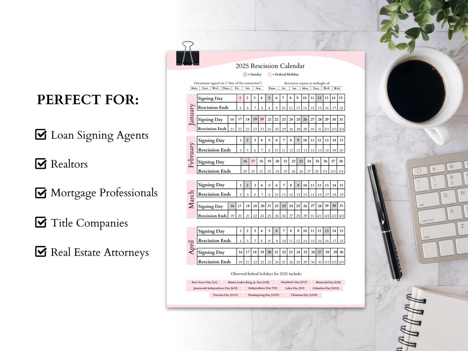2025 Rescission Calendar: Notary Loan Signing Agent Tool (digital ...