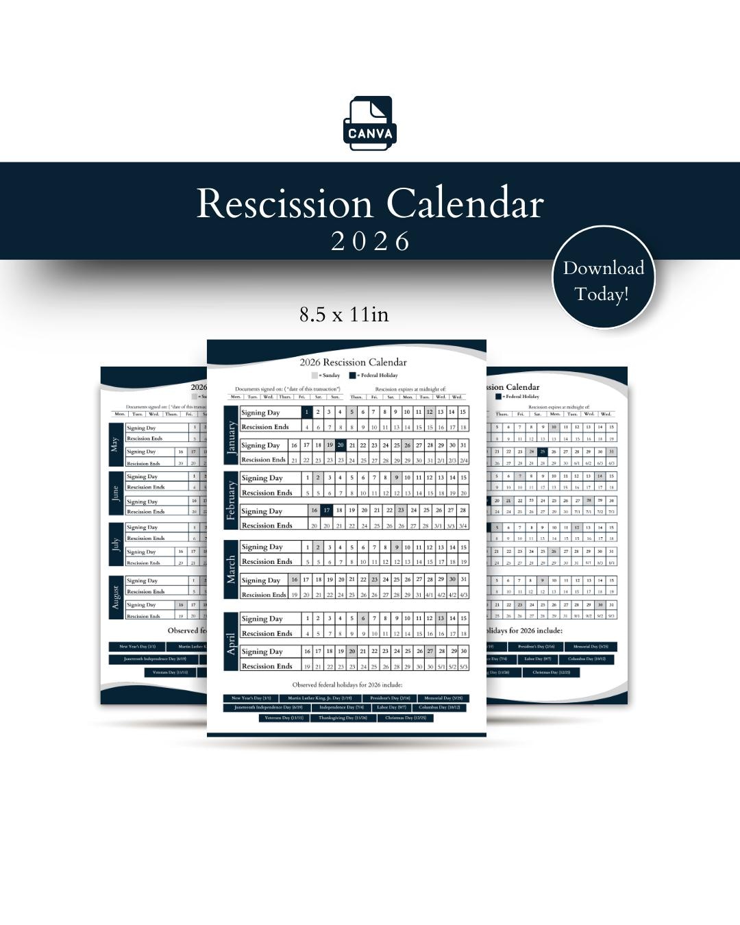 2026 Rescission Calendar: Notary Loan Signing Agent Tool (digital ...