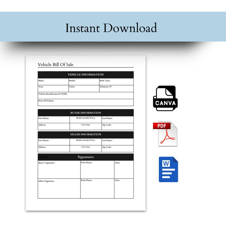 Printable Vehicle Bill of Sale | Car, Auto Sales Contract (PDF) - Etsy