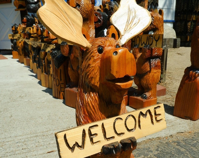 Wood Carved Moose With Welcome Sign - Etsy