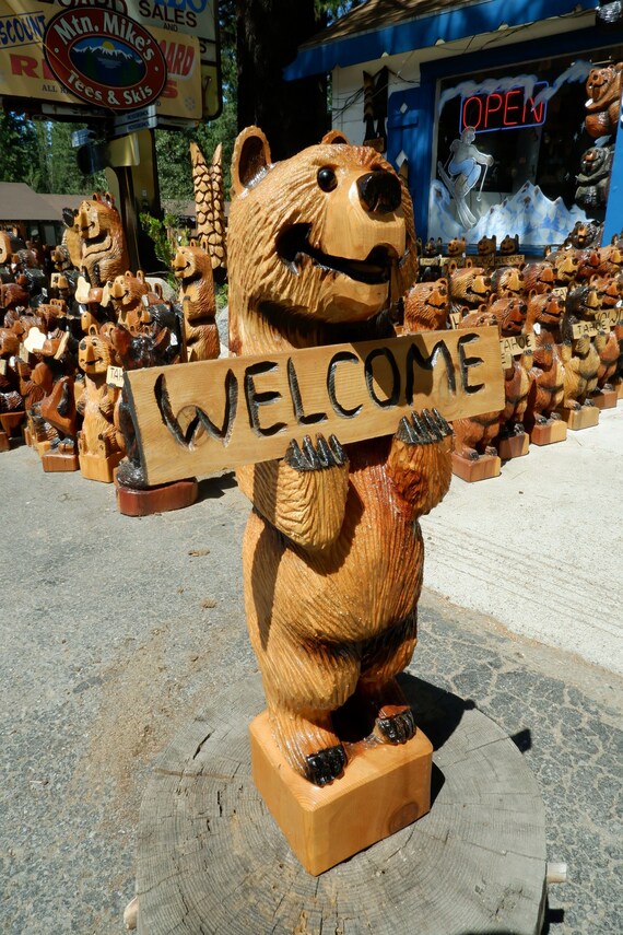 Wood Carved Standing Bear Chainsaw Art With Welcome Sign - Etsy