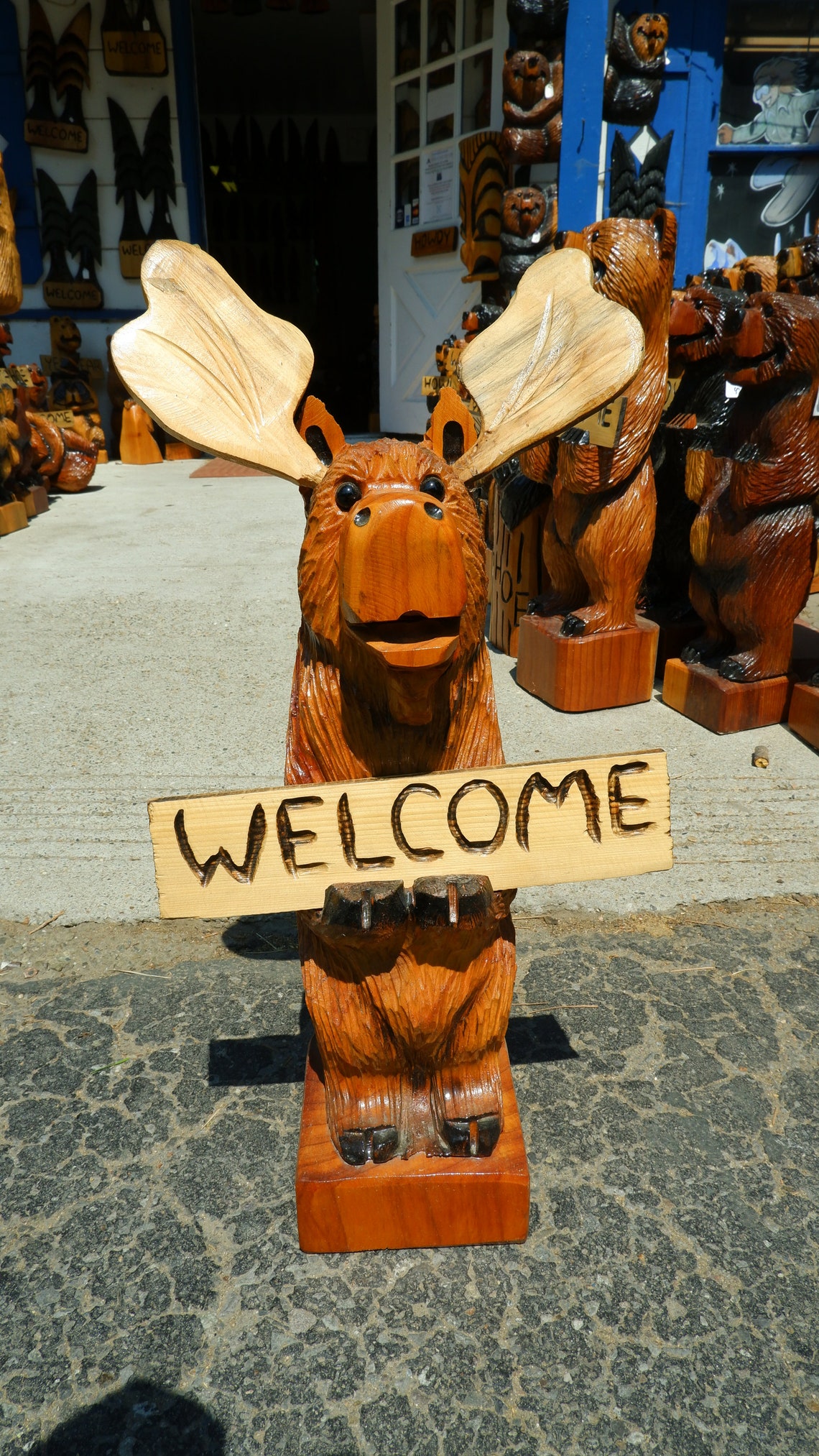 Wood Carved Moose With Welcome Sign - Etsy