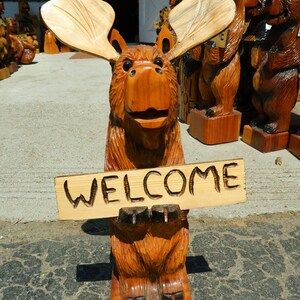 Wood Carved Moose With Welcome Sign - Etsy